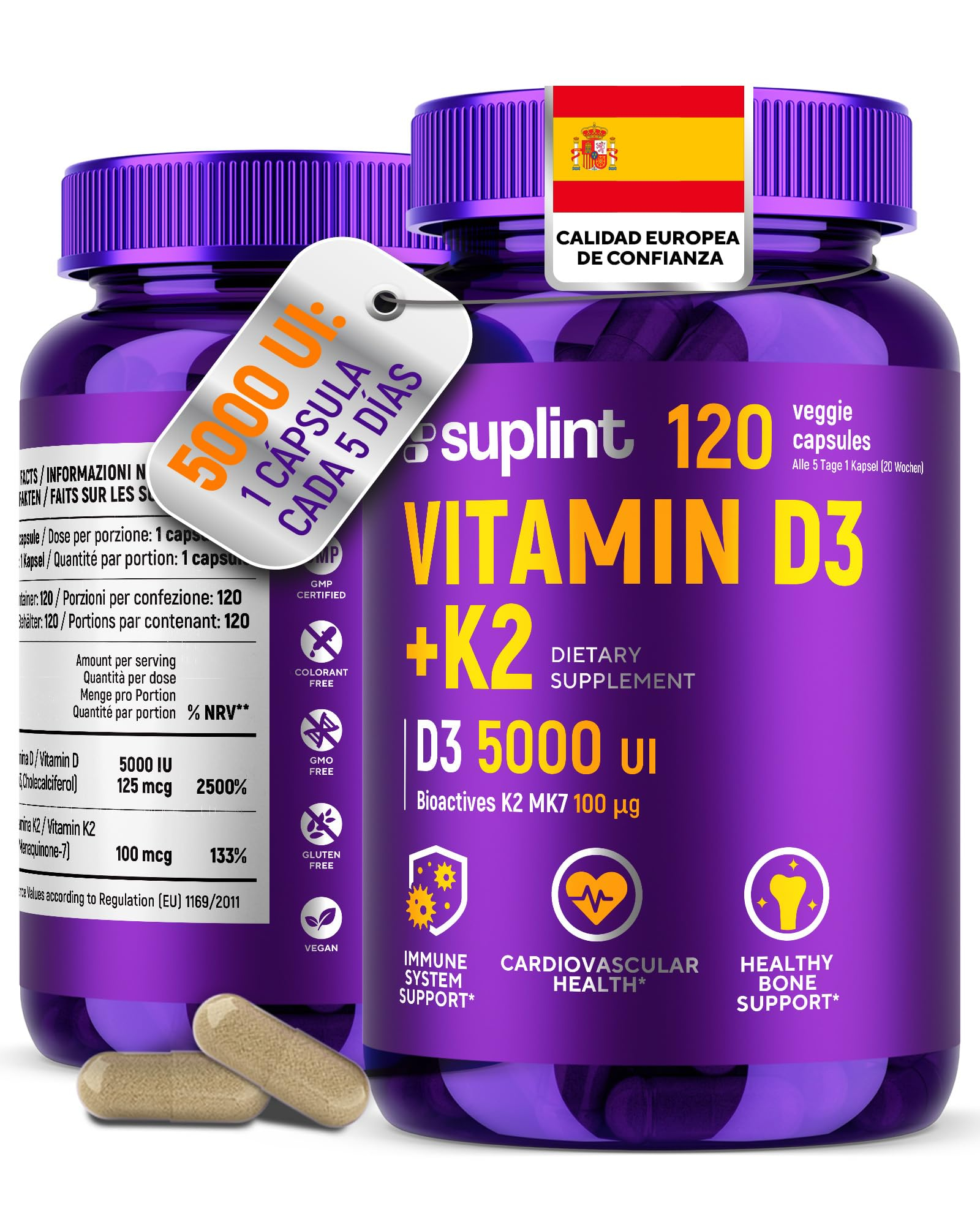 D3 K2 Alta Dosis: 5000 UI Vitamina D + 100 µg K2 MK-7 en Amazon